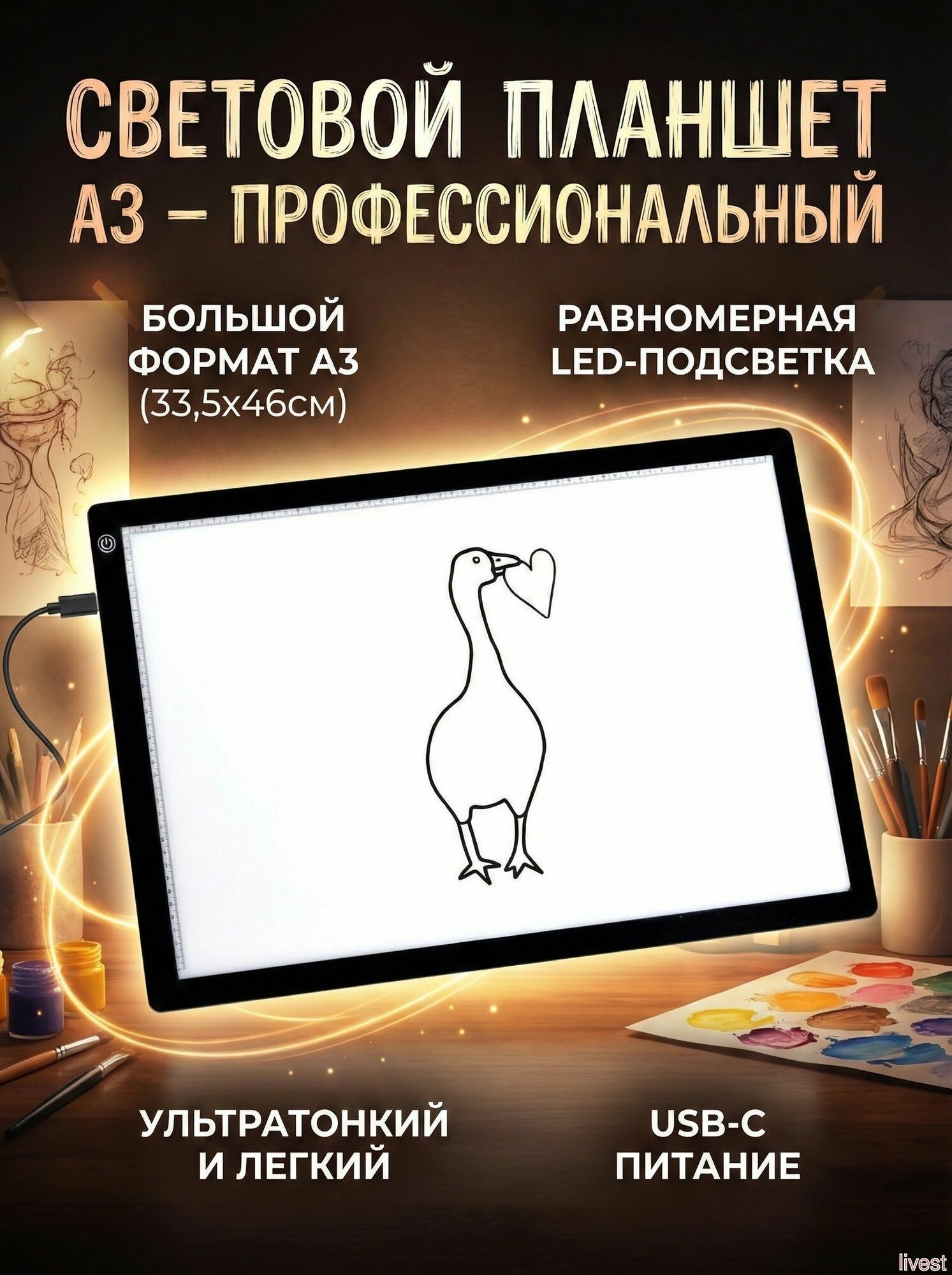 Световой планшет для рисования A3, 3 уровня яркости, LED-подсветка, 490x360 мм