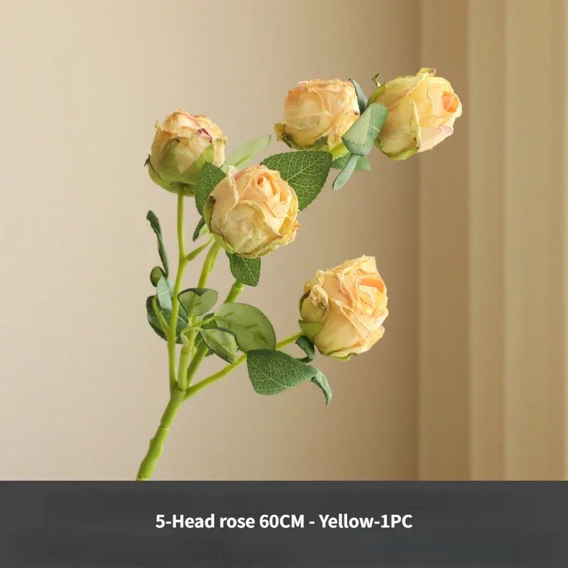 Искусственные шелковые розы 60 см с сожженными краями 5-Head Yellow-1PC