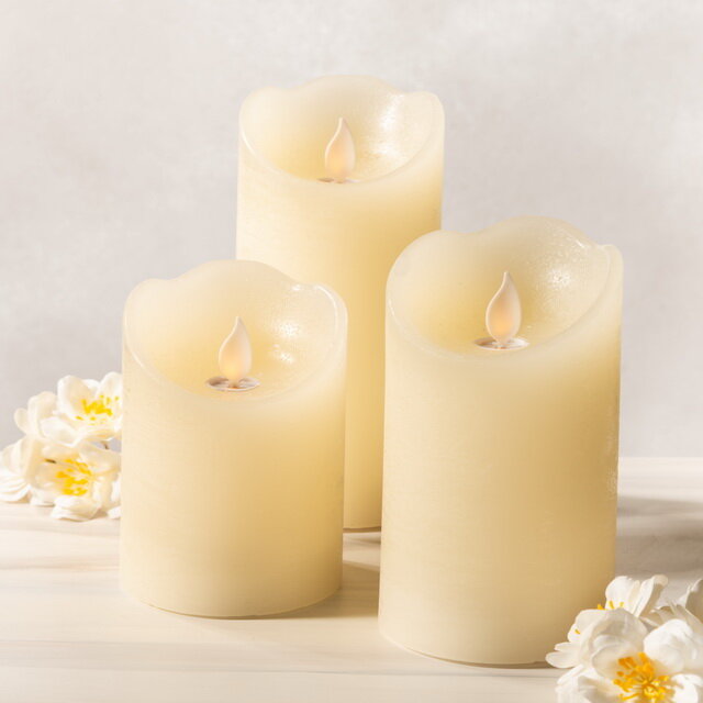 Набор восковых светодиодных свечей Живое Пламя 10-15 см, 3 шт, с пультом управления, кремовый, на батарейках, Kaemingk, 480014