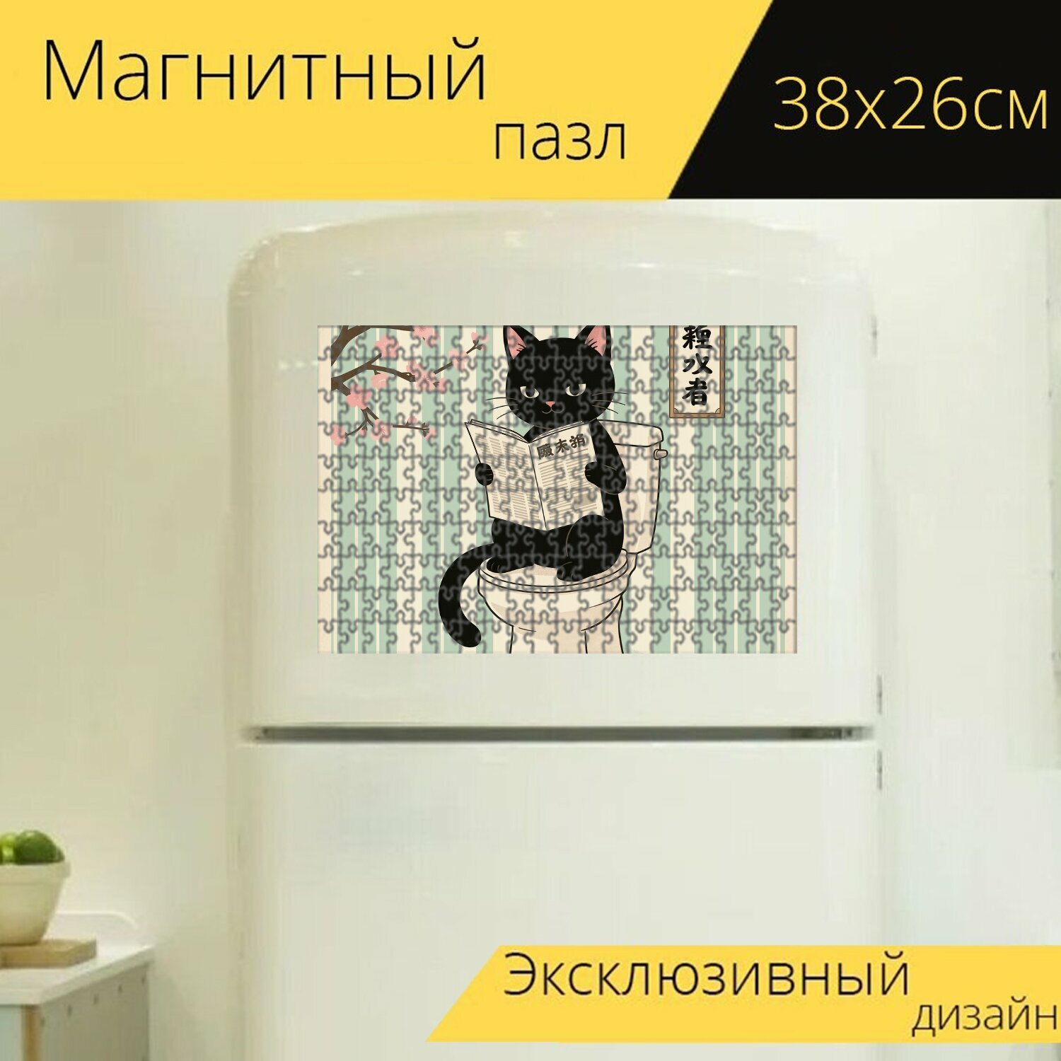 Магнитный пазл "Черный кот с газетой на унитазе. Мультяшный черный кот с газетным листом сидит в туалете, рядом цветущая сакура и японская табличка." для интерьера, 38х26 см.