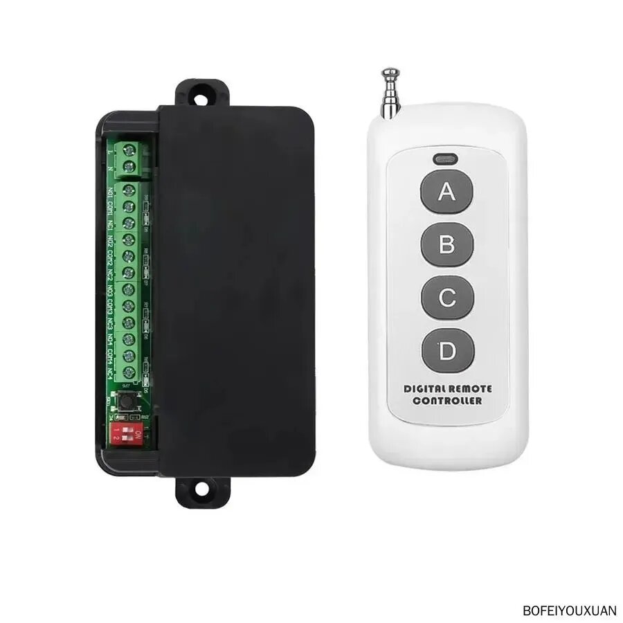 Многоканальное радио реле (4 канала) 220В 433МГц. Беспроводной выключатель. В комплекте пульт четыре кнопки.