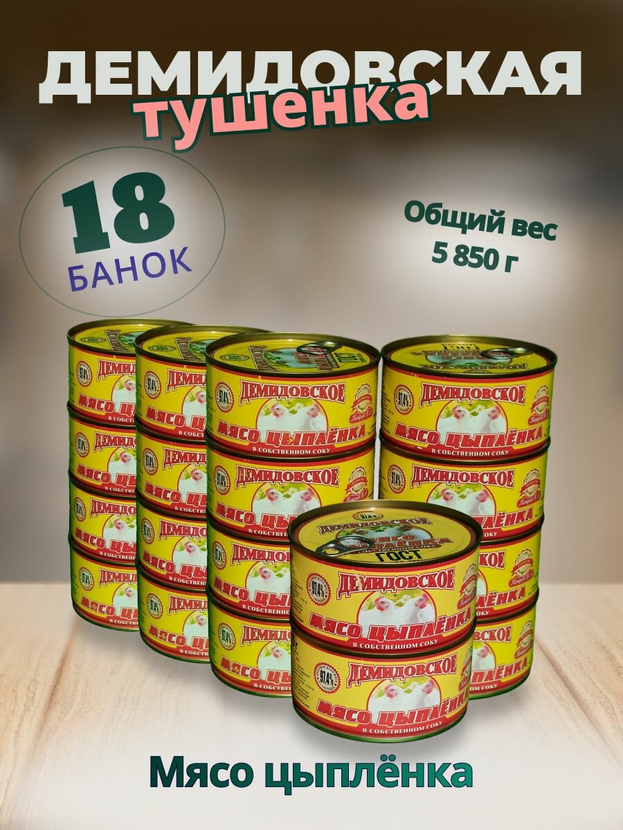 Демидовская тушенка Мясо цыпленка 18шт. по 325гр. ГОСТ 28589-20014