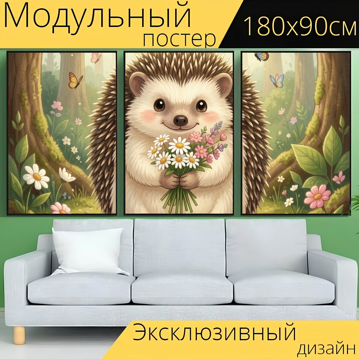 Модульный постер "Ежик с букетом в лесу. Милый лесной зверёк с букетом полевых цветов среди зелени, бабочек и солнечных лучей. Нежная." 180 x 90 см. для интерьера на стену в тубусе