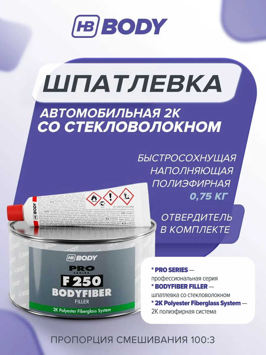 Шпатлевка автомобильная со стекловолокном 0,75 кг 2К зеленая с отвердителем / HB BODY 250 / шпаклёвка стекловолокно