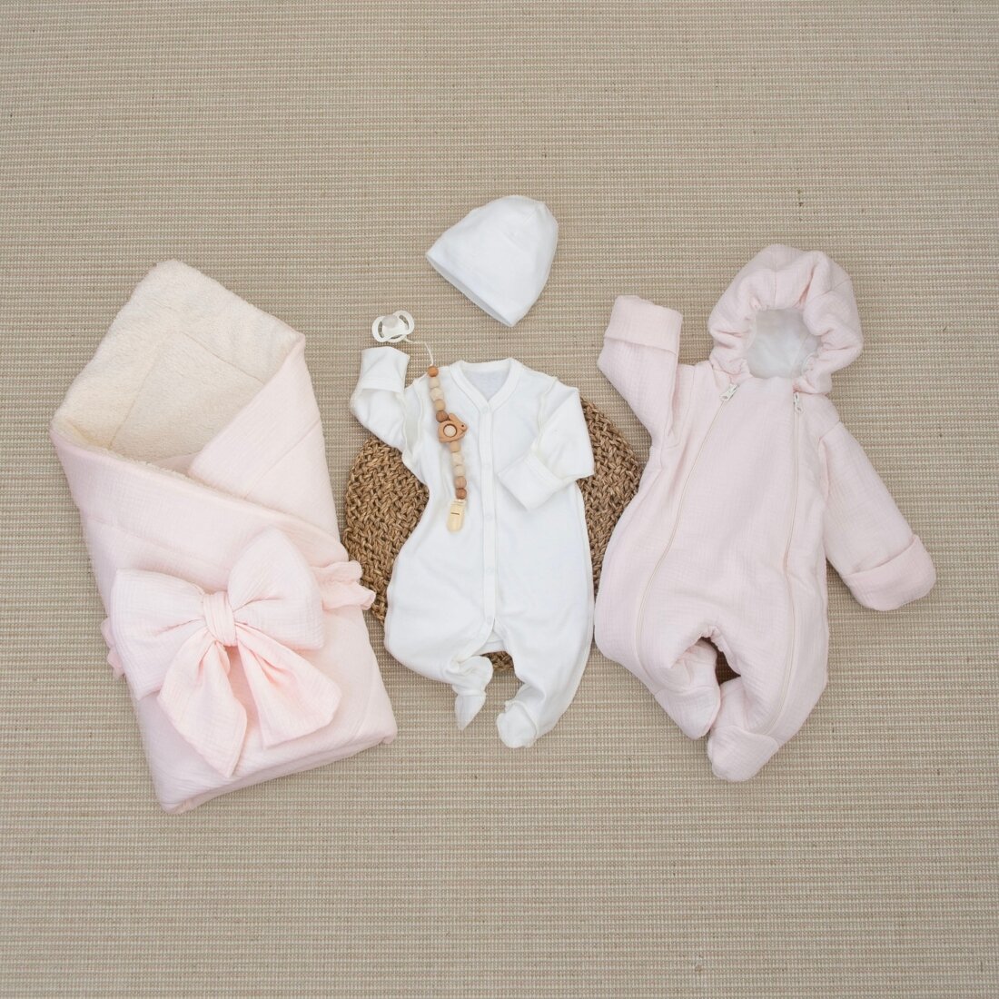 Комплект на выписку 5 предметов "Муслин", демисезонный, светло-розовый, р-р 16