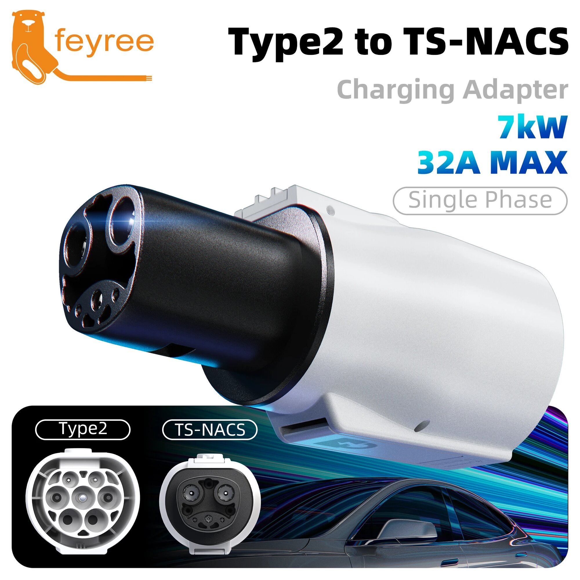 Адаптер для зарядки электромобилей Feyree Type 2 на NACS, 32А, 7кВт, 1 фаза, кабель-коннектор переменного тока для домашней зарядки электромобилей Tesla
