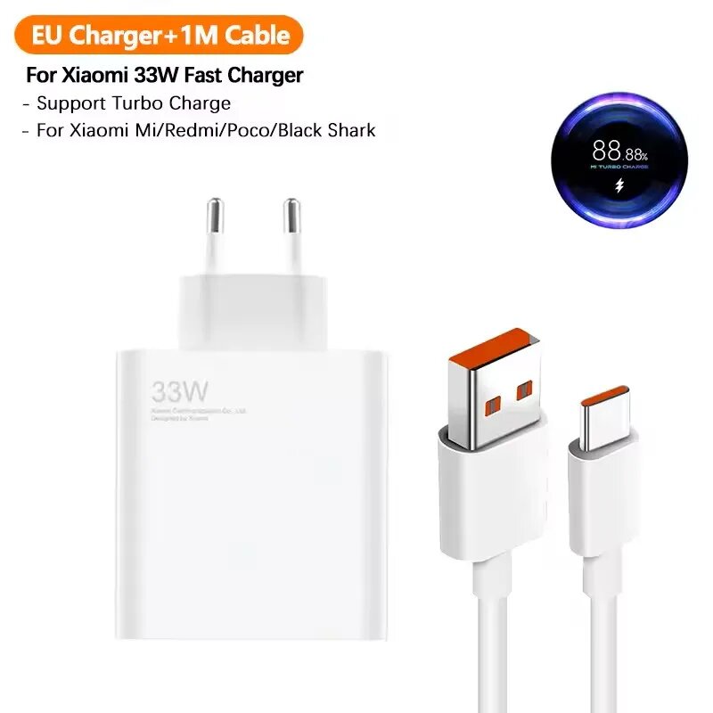 Оригинальное зарядное устройство Xiaomi 33W Fast Turbo EU US для Mi 12 Ultra, 33W EU add 1M Cable