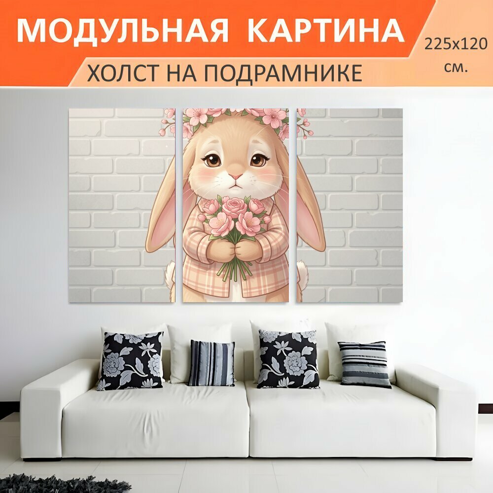 Модульная картина на холсте "Зайчонок с букетом цветов. Милый пушистый кролик в нежной пастельной гамме, с венком из розовых цветов и." триптих на подрамнике 225х120 см. для интерьера