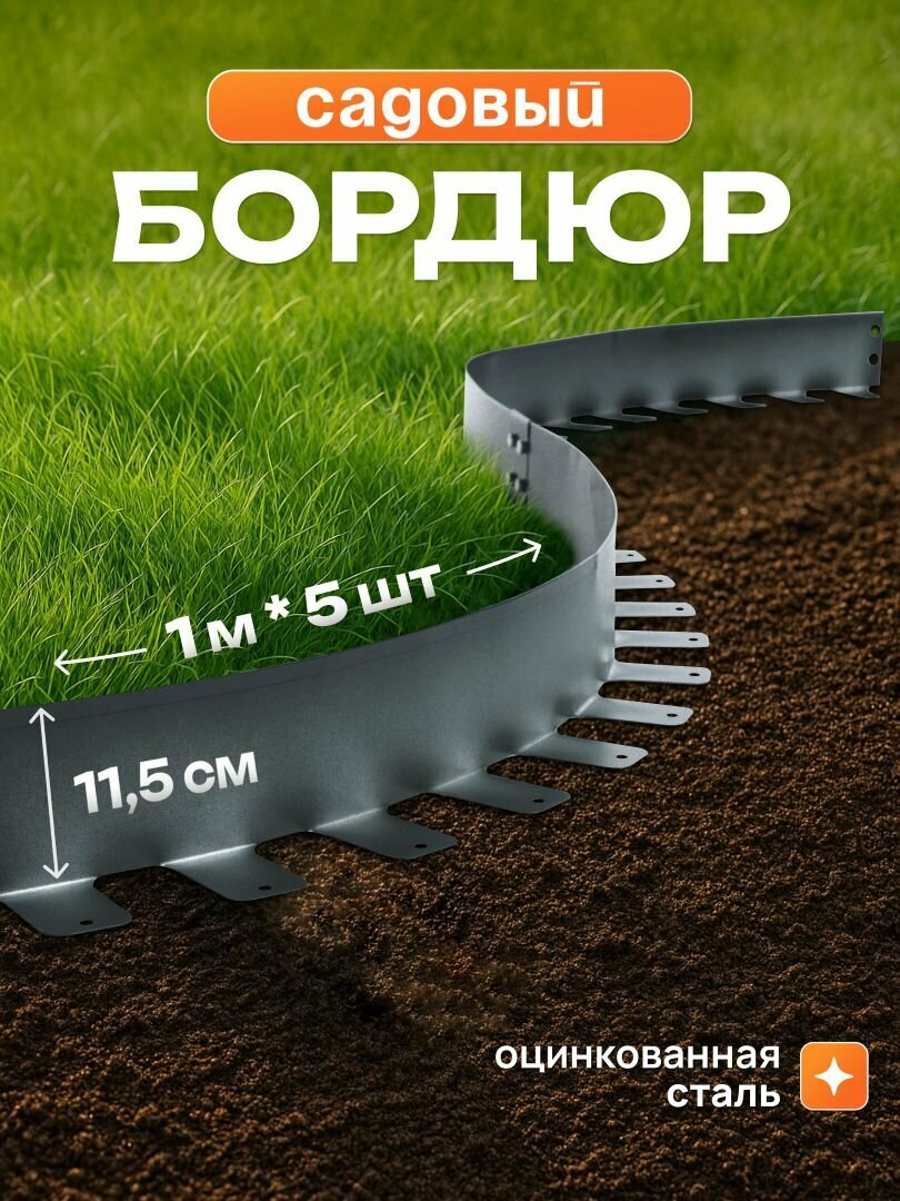 Садовый бордюр из оцинкованной стали, разделитель для газонов. Высота 115 см, длина 5 м.