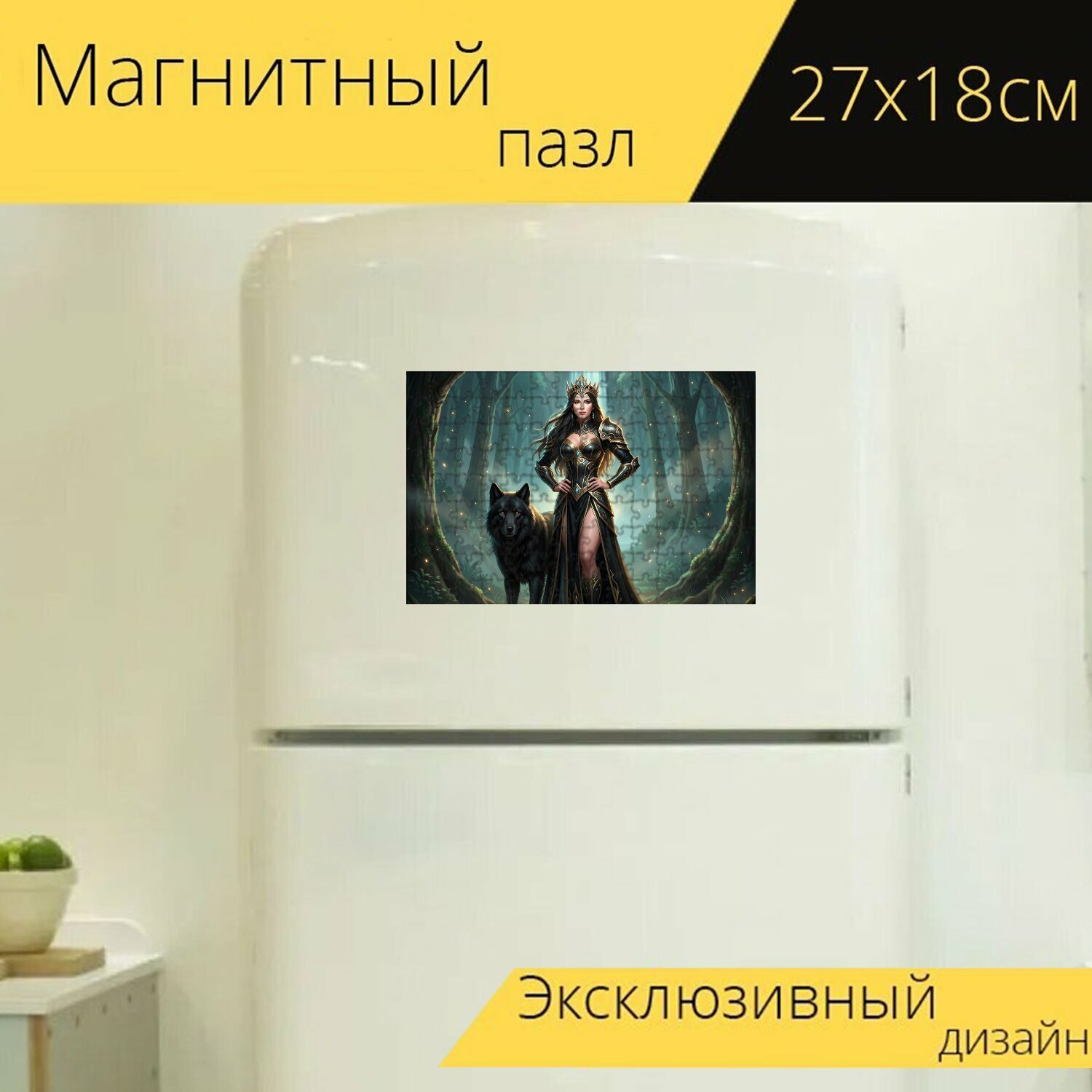 Магнитный пазл "Темная королева с черным волком. Фэнтезийная владычица в золотисто-черных доспехах стоит в мистическом лесу у водопада под луной." на холодильник 27 x 18 см.