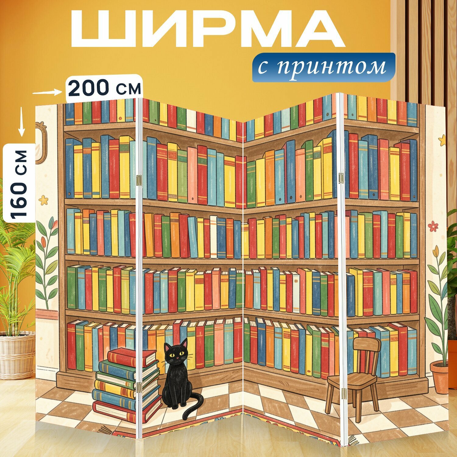 Ширма "Черный кот у книжного шкафа. Уютная библиотечная сцена с высокими полками, разноцветными корешками." перегородка для зонирования комнаты с принтом 200x160 см. на холсте