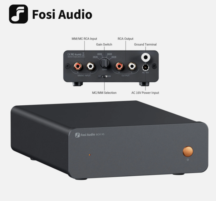 Fosi Audio Фоси аудио коробка X5 фоно предварительный усилитель для MM & MC картриджа крутного стола 4-уровень Gain