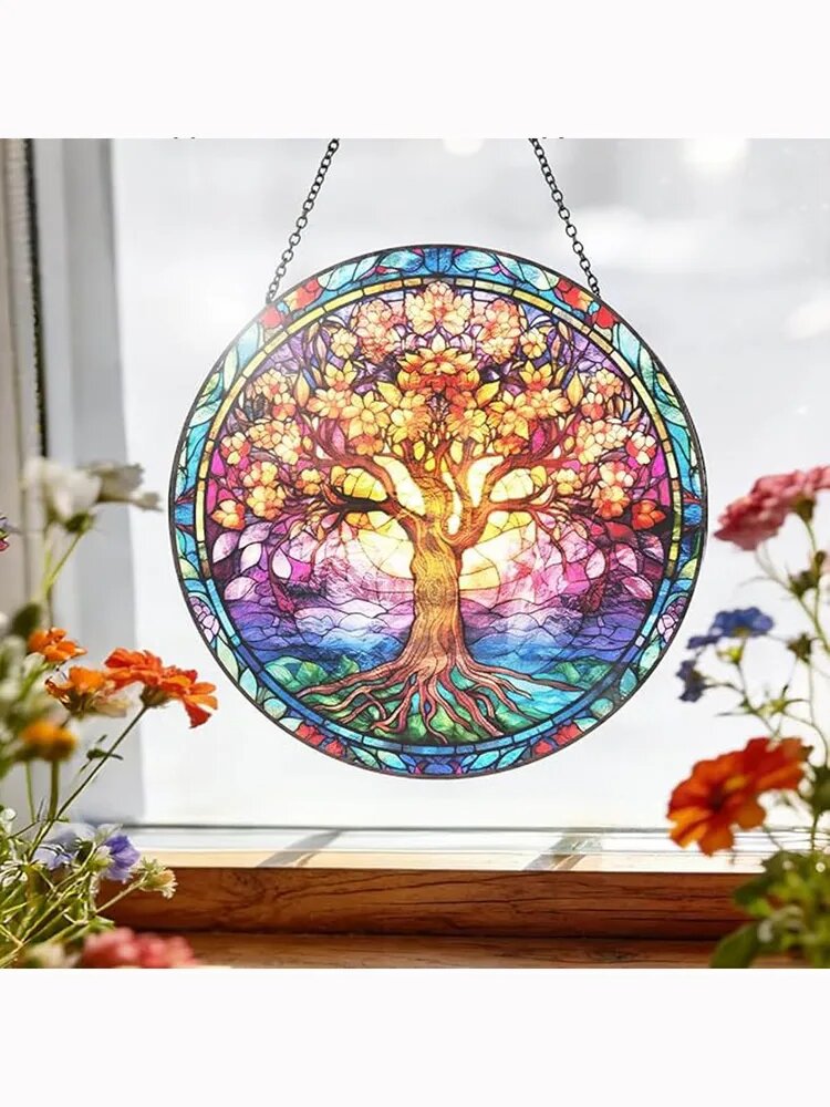 Витражный ловец солнца дерево жизни 15 см для окна, стеклянная панель