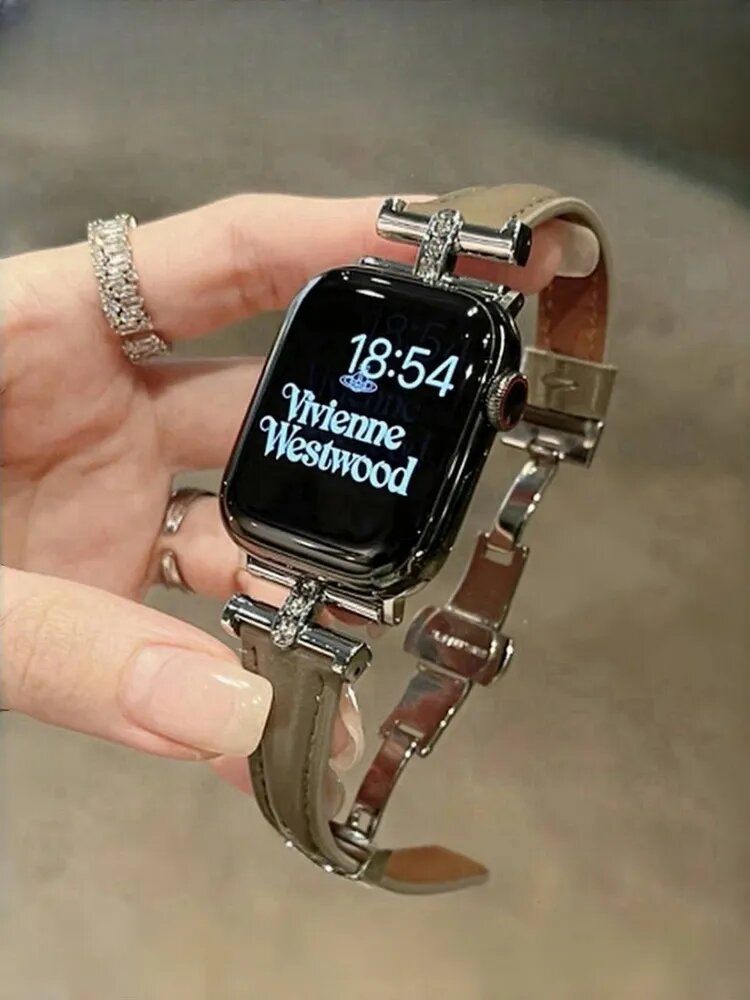 Кожаный ремешок для Apple Watch 10-11 42мм/ Series 1-9 & SE 38мм, 40мм, 41мм/ SE 3 40мм, со стразами, Celine