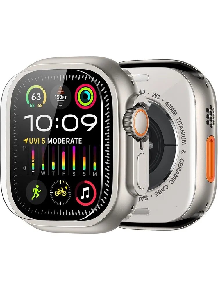Металл корпус + Защитная пленка для экрана Apple Watch Ultra 1/2 49 мм + Закаленное стекло 9H + Задняя крышка, напоминающая керамику
