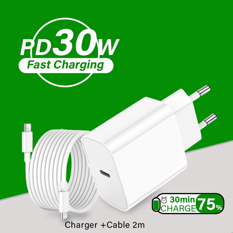 Европейский штекер PD 30 Вт адаптер USB-C с кабелем 2 м для быстрой зарядки Apple, Samsung, Xiaomi