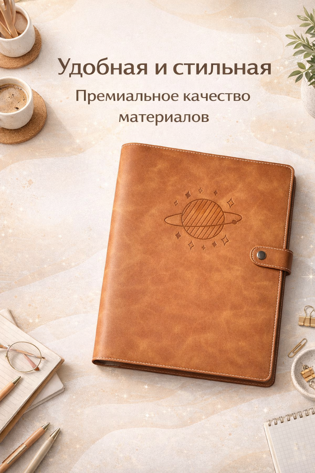 Папка для документов А4 HobbySpace с файлами на кольцах из экокожи, коричневая