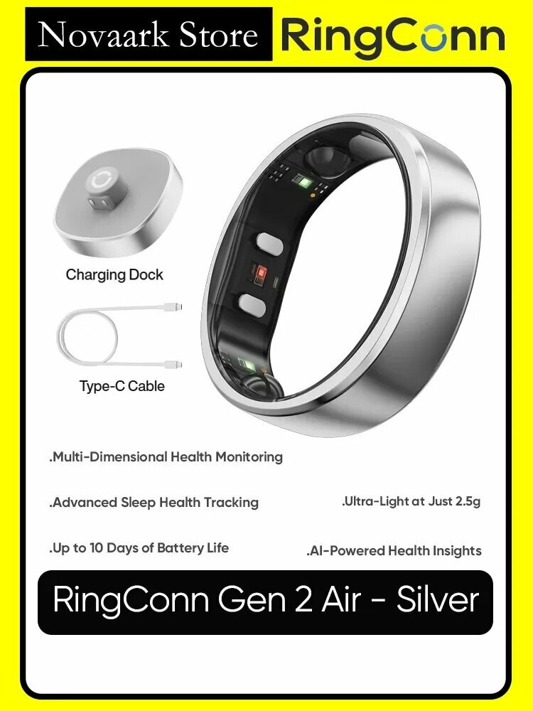 Умное кольцо RingConn Gen 2 Air Silver, Ультратонкое умное кольцо AI, 10-дневный срок службы батареи, фитнес/сон/стресс/HR-трекер