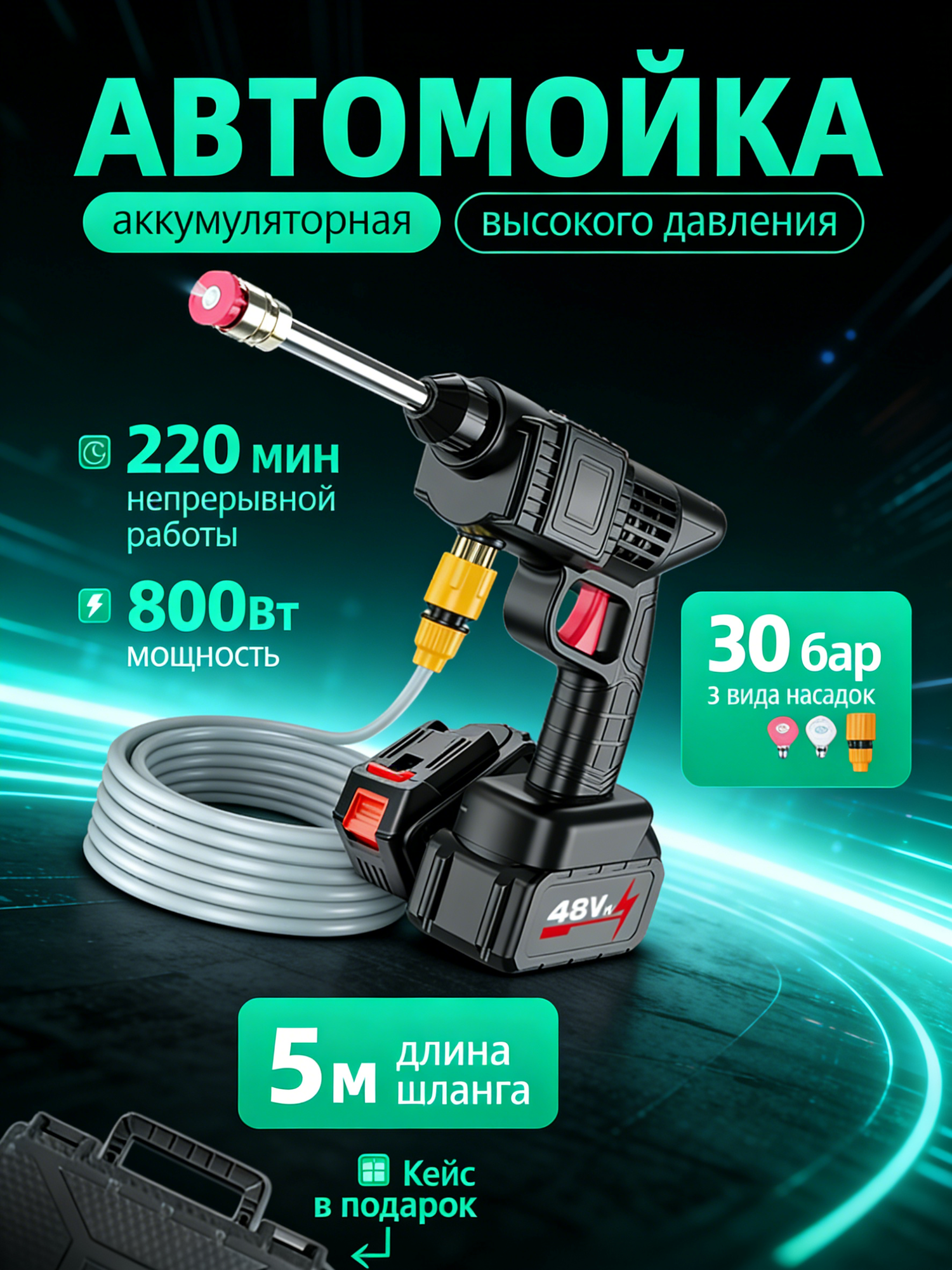 Мойка высокого давления, 1000Вт, портативная, аккумуляторная, с фильтром, в кейсе