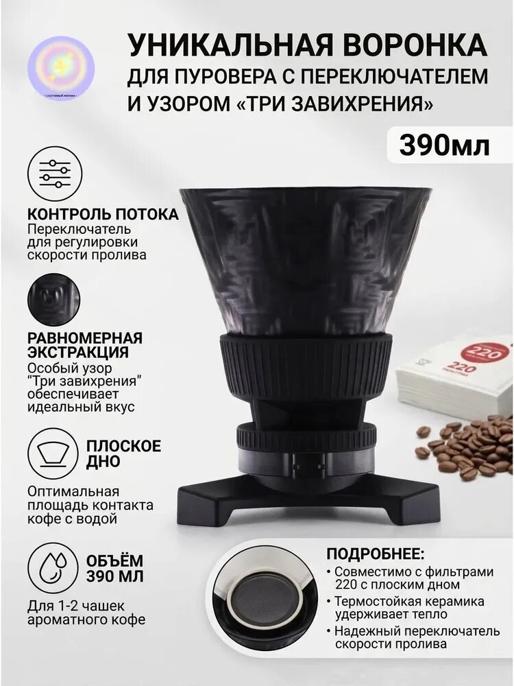 Воронка "Dragonfly" для заваривания кофе, с клапаном, плоское дно, черная, 390мл