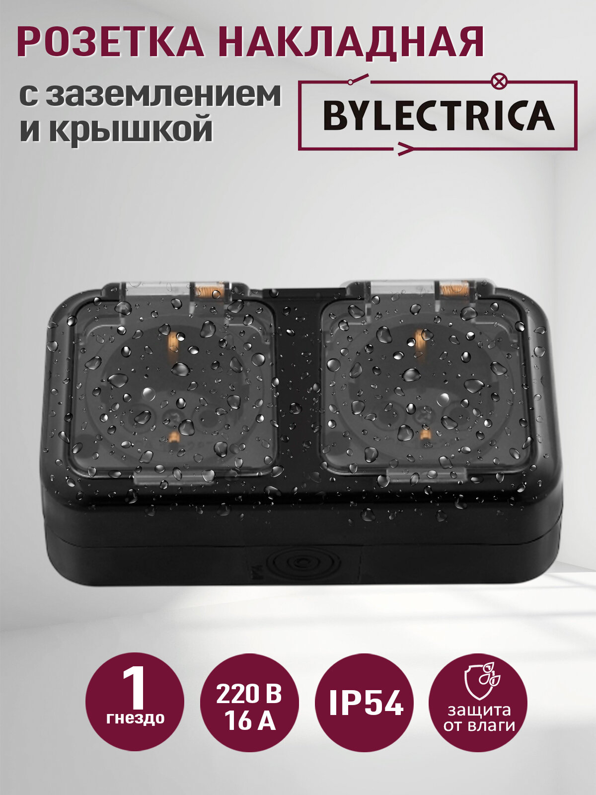 Розетка 2я черная с прозрачной крышкой BYLECTRICA