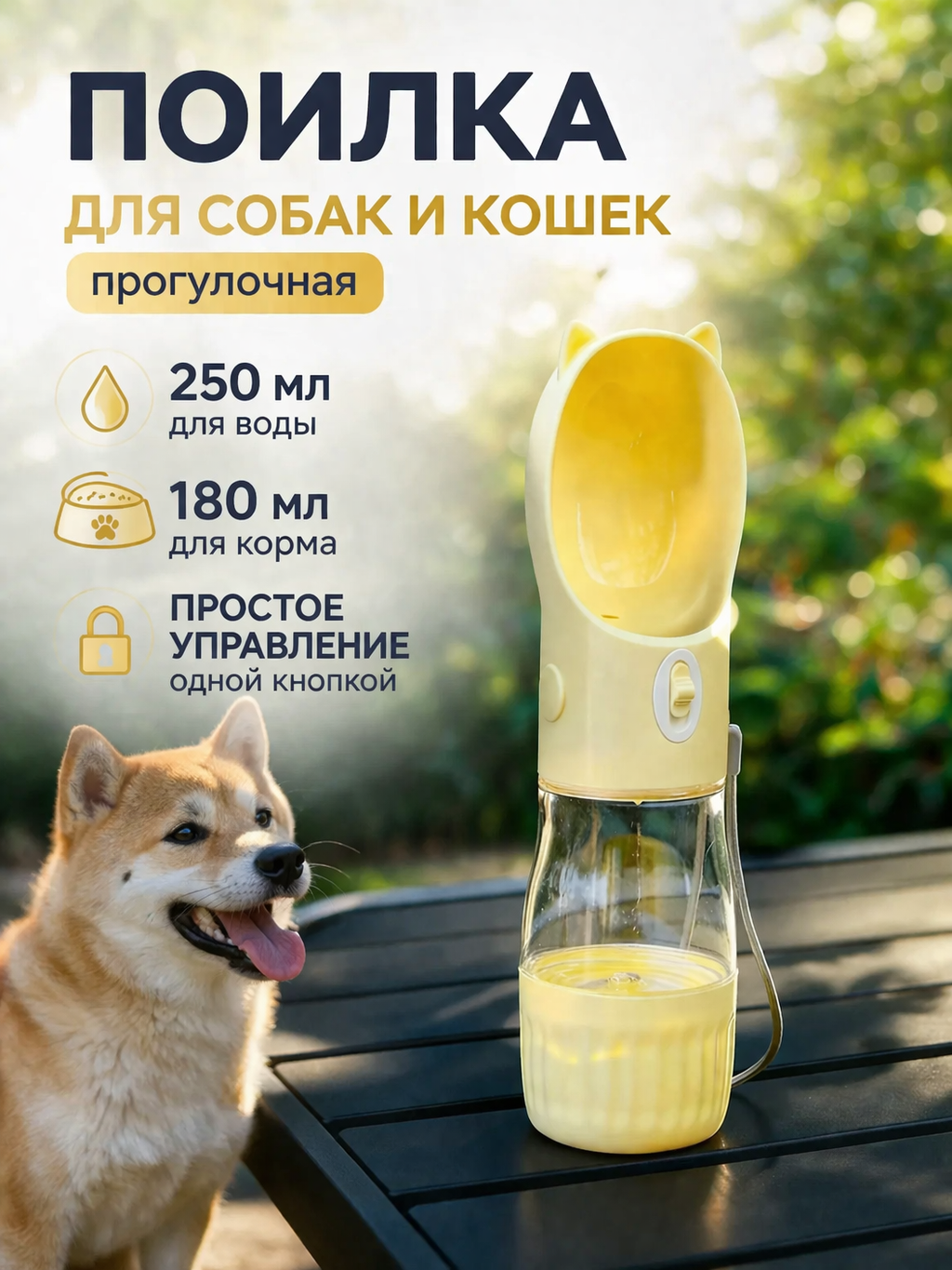 Поилка для собак и кошек прогулочная, дорожная бутылка для воды для животных, желтая