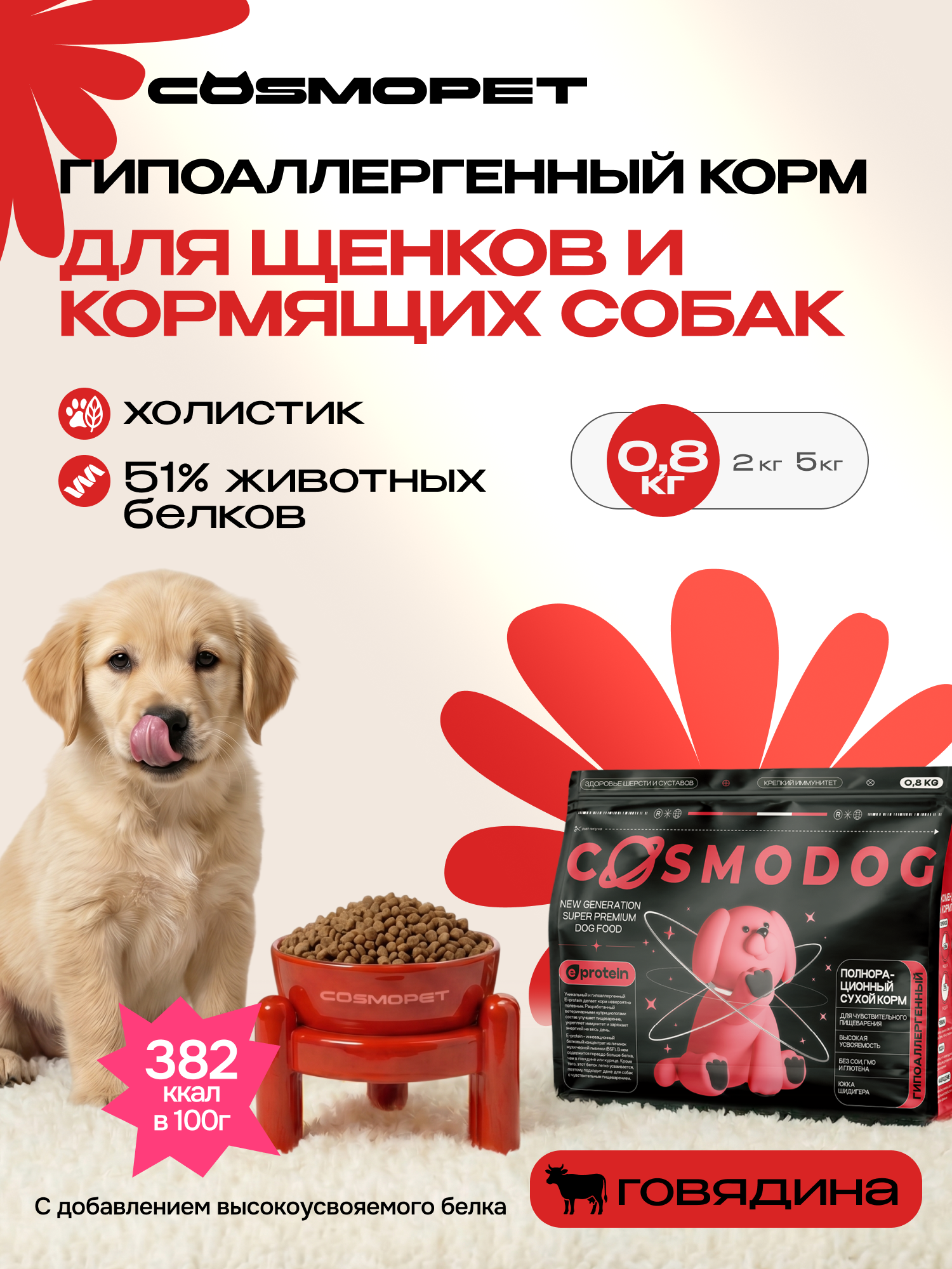 Сухой корм для щенков премиум класса Cosmodog 0,8 кг, для мелких и крупных пород с говядиной