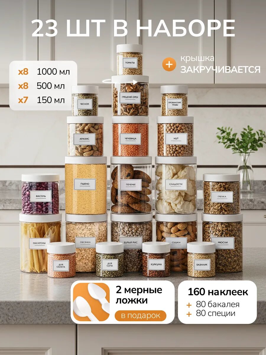Набор банок для сыпучих продуктов, Банки для хранения круп и специй 23 шт