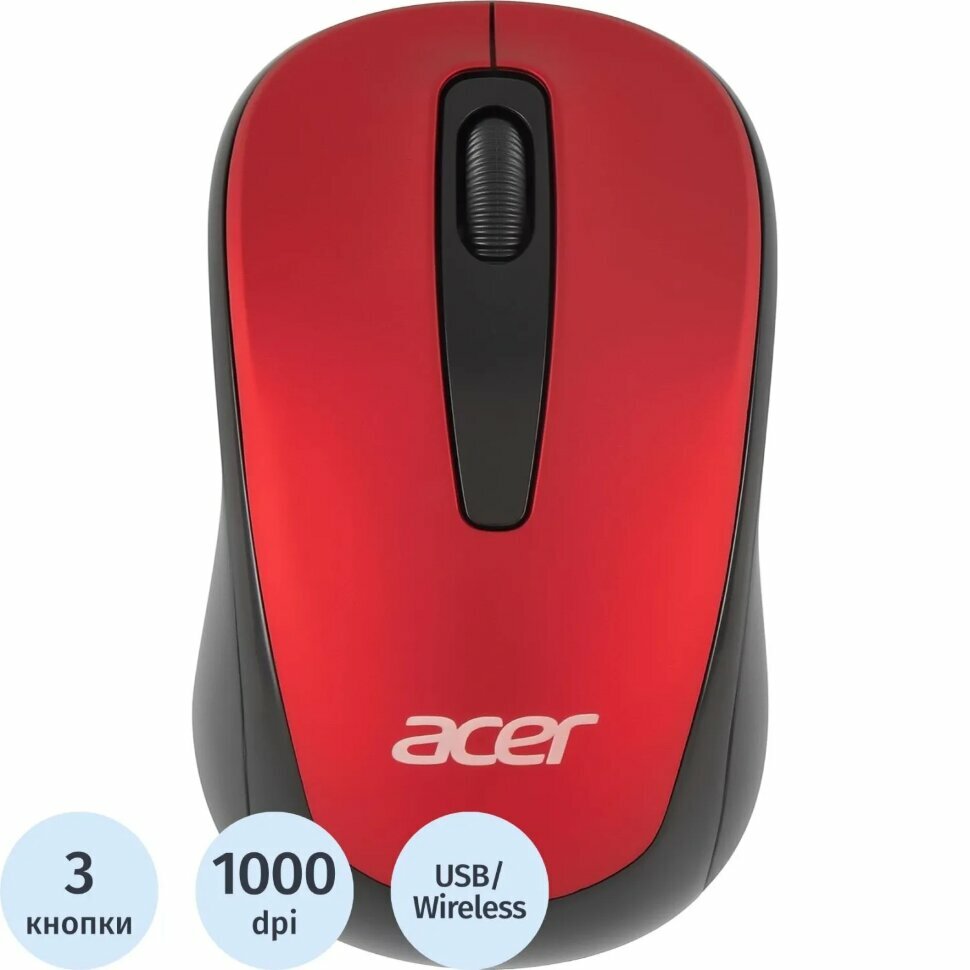 Мышь компьютерная Acer OMR136 красный (1000dpi/WLS/USB/3кн (ZL. MCEEE.01J), 1802653