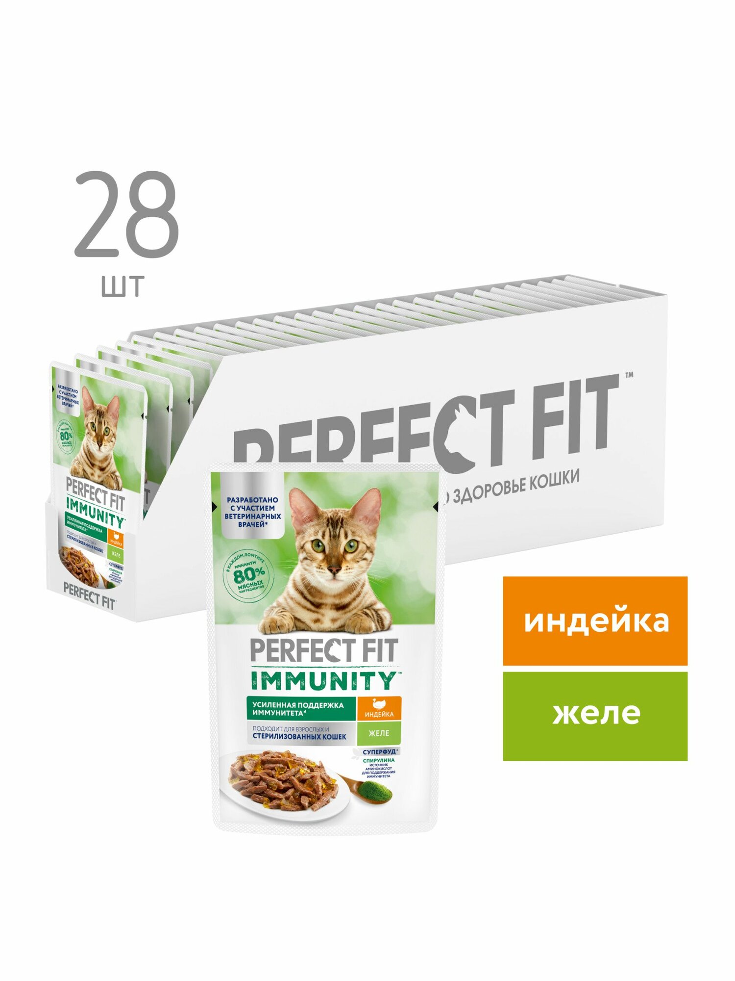 Влажный корм для кошек Perfect Fit Immunity для иммунитета с индейкой в желе 28 шт x 75 г