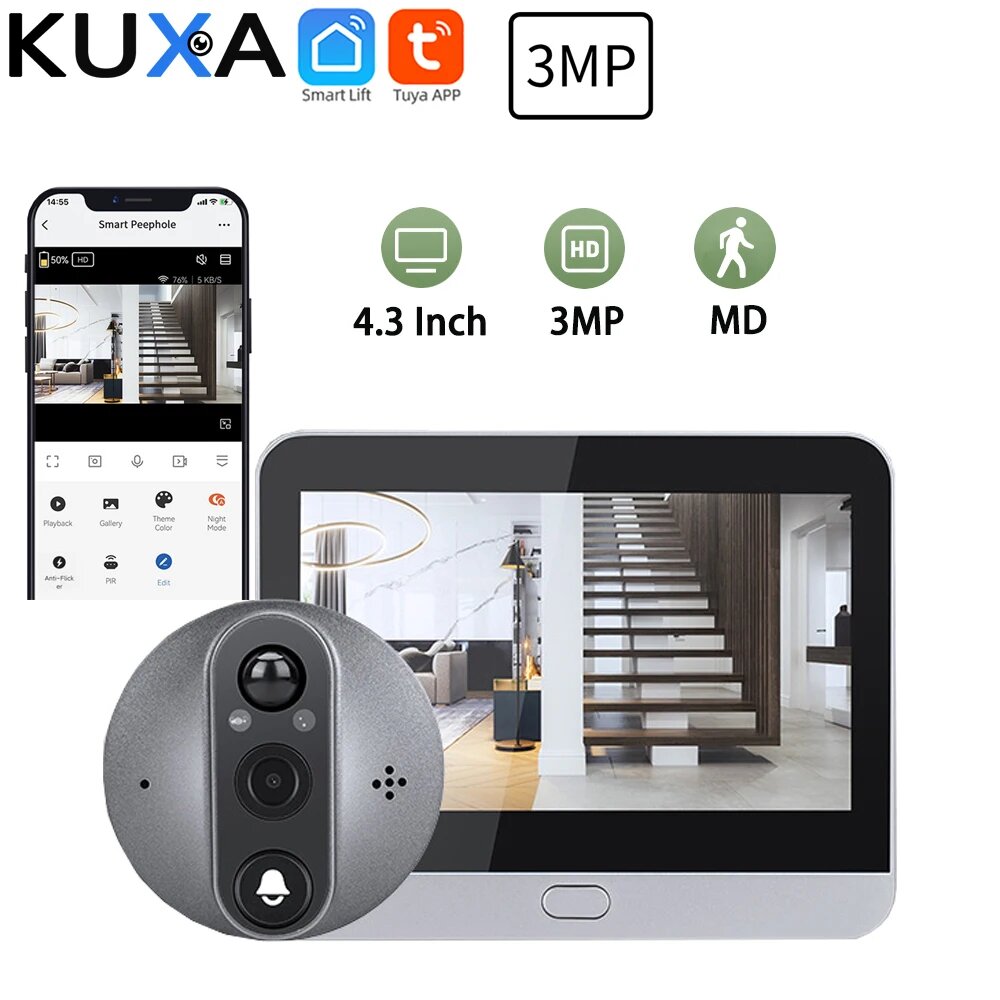 Видеодомофон беспроводной KUXA 3MP, 4.3" экран, Color: PD8