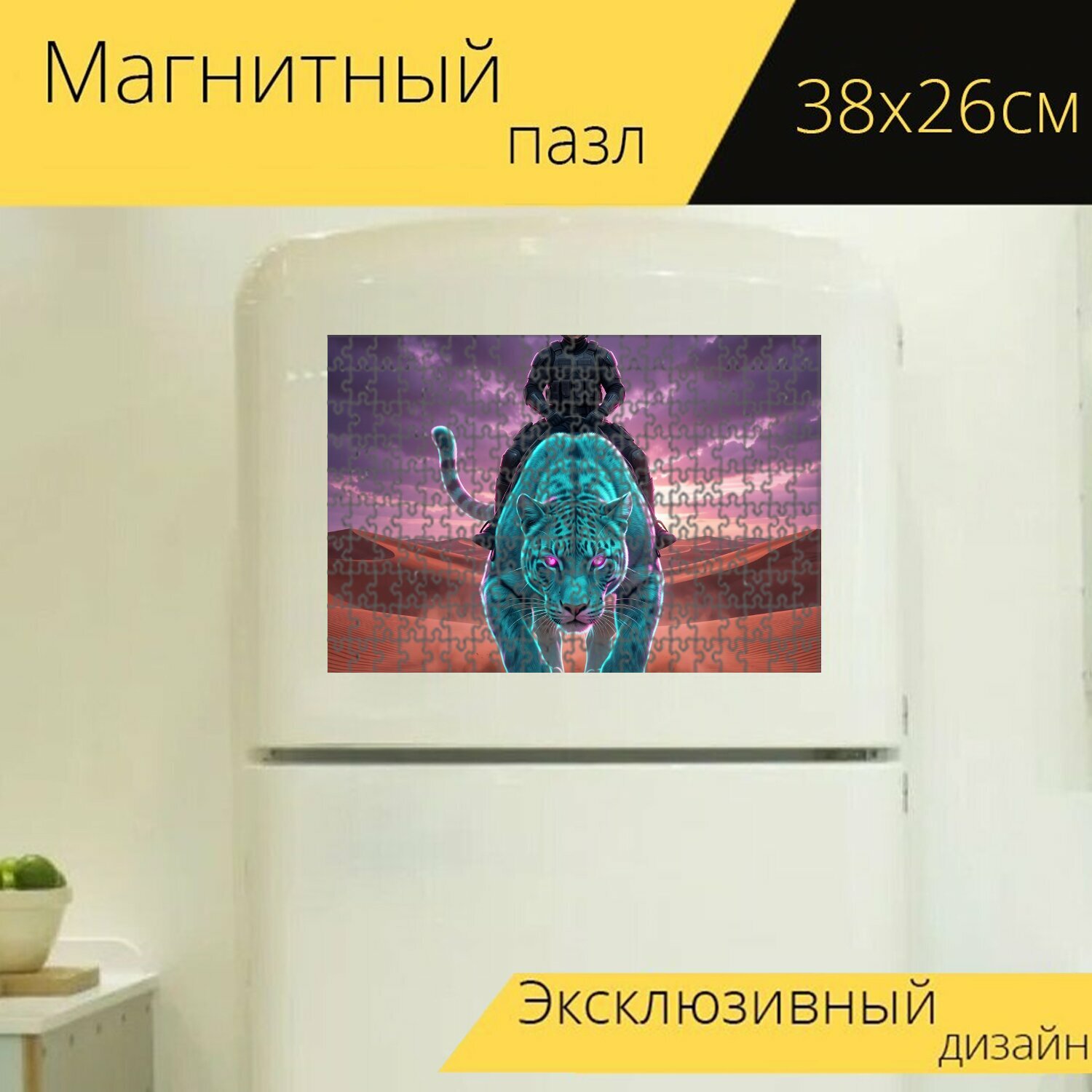 Магнитный пазл "Воин на неоновом тигре. Футуристический всадник в тактической броне едет по пустынным дюнам на светящемся хищнике. Киберпанк-арт в." для интерьера, 38х26 см.
