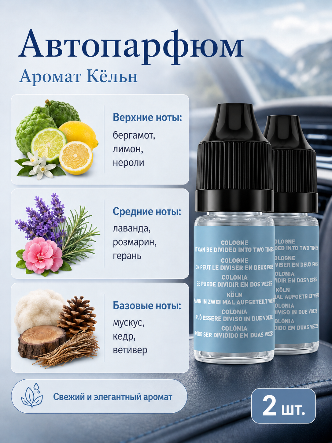 Автомобильный ароматизатор W&O C7, аромат Шангри-Ла, cменная жидкость для автопарфюма, 2 флакона