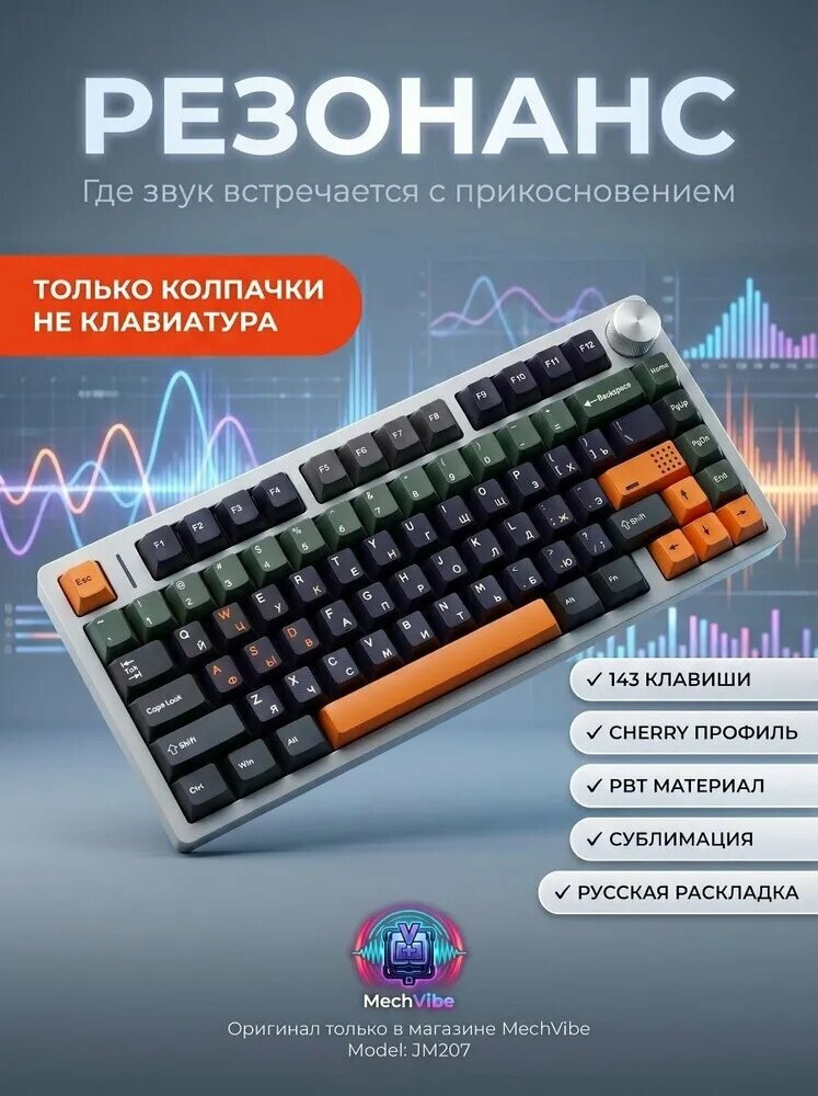 Кейкапы для механической клавиатуры, Резонанс, Темные кастомные кейкапы, Русская раскладка, PBT, Для Aula F75 и Дарк Проджект, 143 клавиши