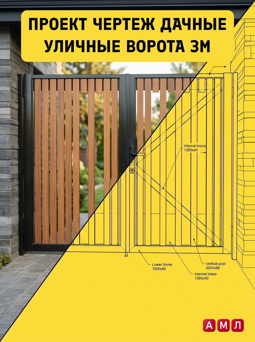 Проект чертеж Дачные уличные ворота 3м - скачать и распечатать чертежи, пошаговая и поэтапная схема сборки