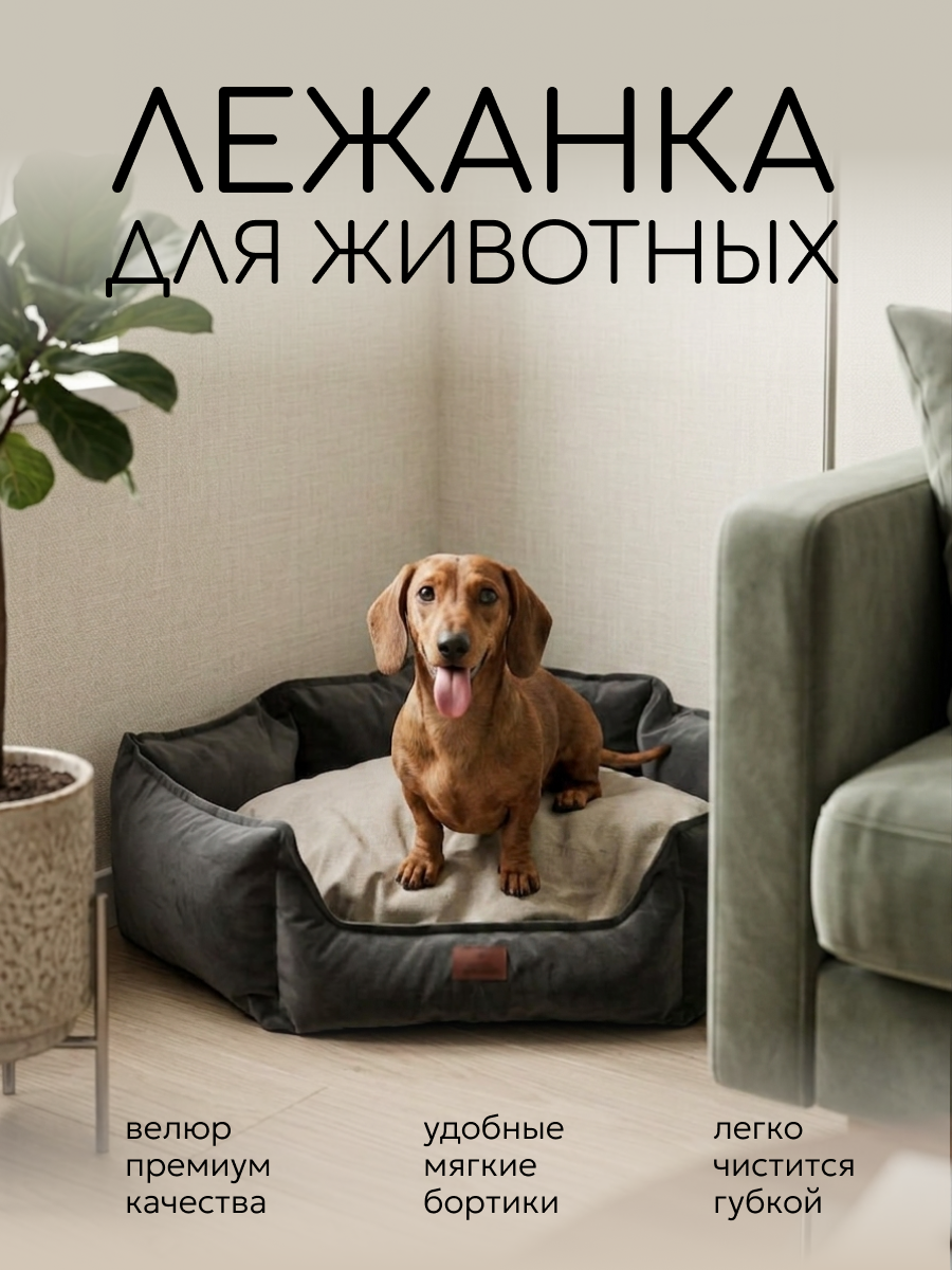 Лежанка для собак и кошек "Усатая Девчонка" угловая из велюра, для мелких и средних пород
