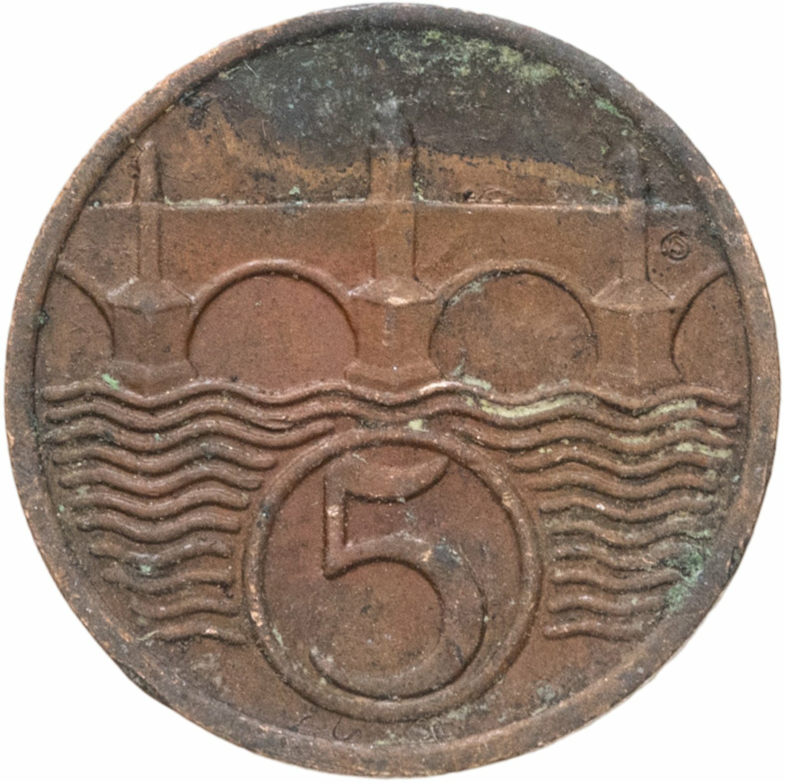 Чехословакия 5 геллеров haleru 1938, Бронза, в сохранности VF
