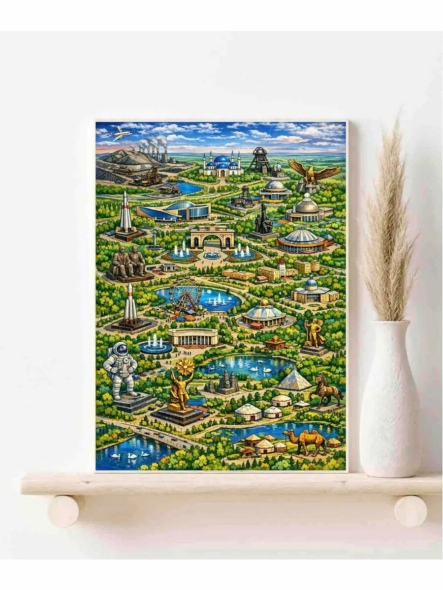 Караганда, Казахстан, Fantasy Map, Карта, Плакат 30x42см