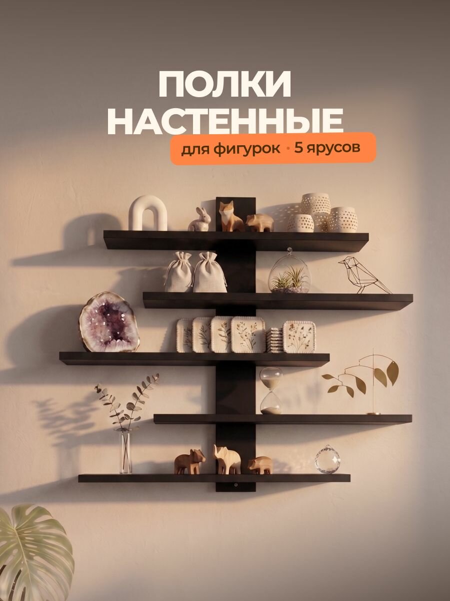 Полка настенная навесная для книг и цветов Birdhouse, 5 ярусов, черная