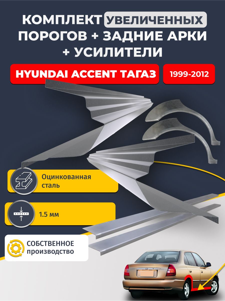 Комплект увеличенных ремонтных порогов и комплект задних ремонтных арок (0.8 мм) + усилители порогов, на Hyundai Accent ТагаЗ 1999-2012 седан (полный профиль Хендай Акцент) Оцинкованная сталь 1.5 мм