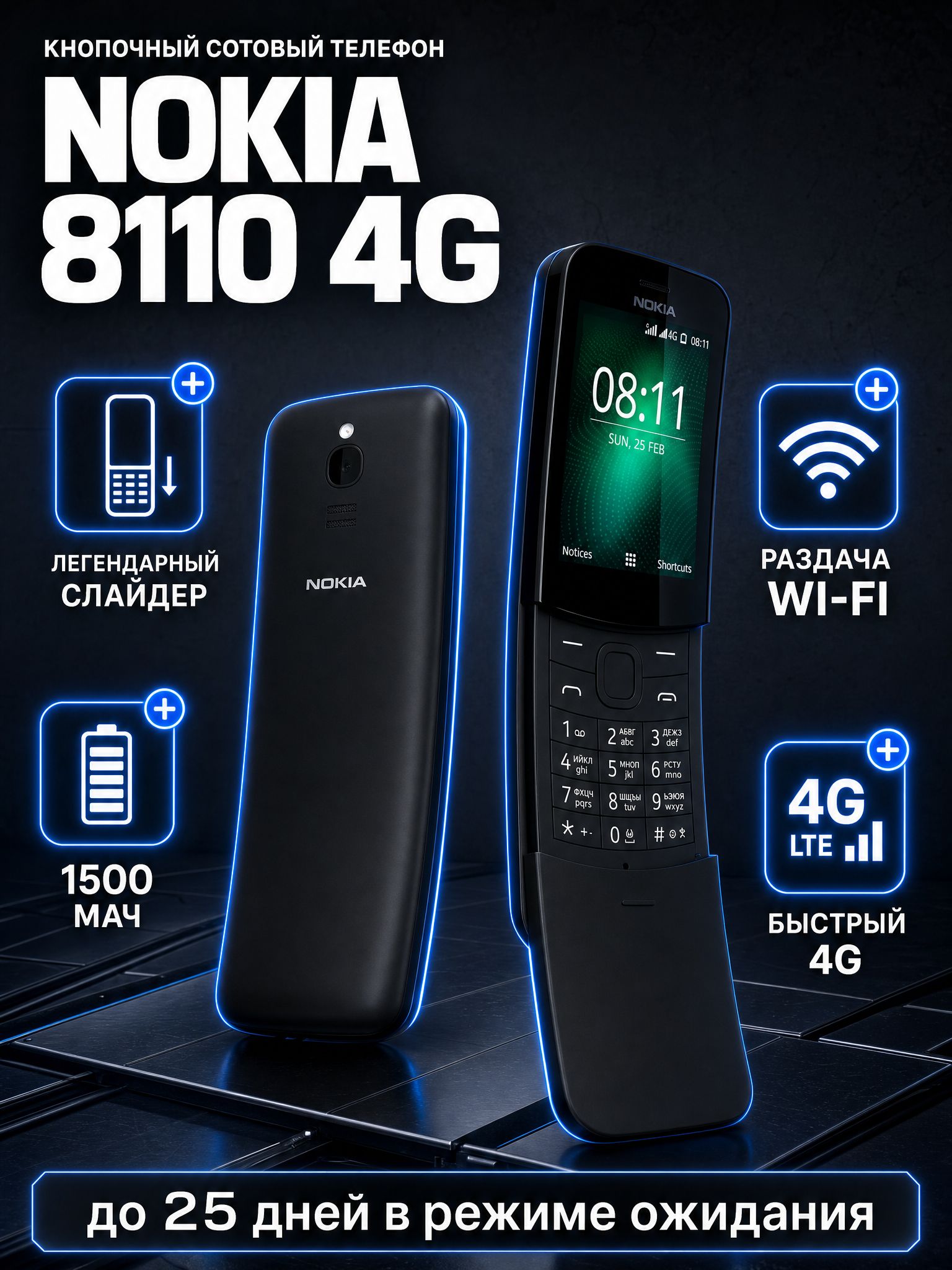 Мобильный телефон Nokia 8110 4G, Dual SIM, Русская клавиатура, Wi-Fi и GPS, 4G LTE соединение, 2.8 дюйма, аккумулятор 1500 мАч, серый, шоколадный