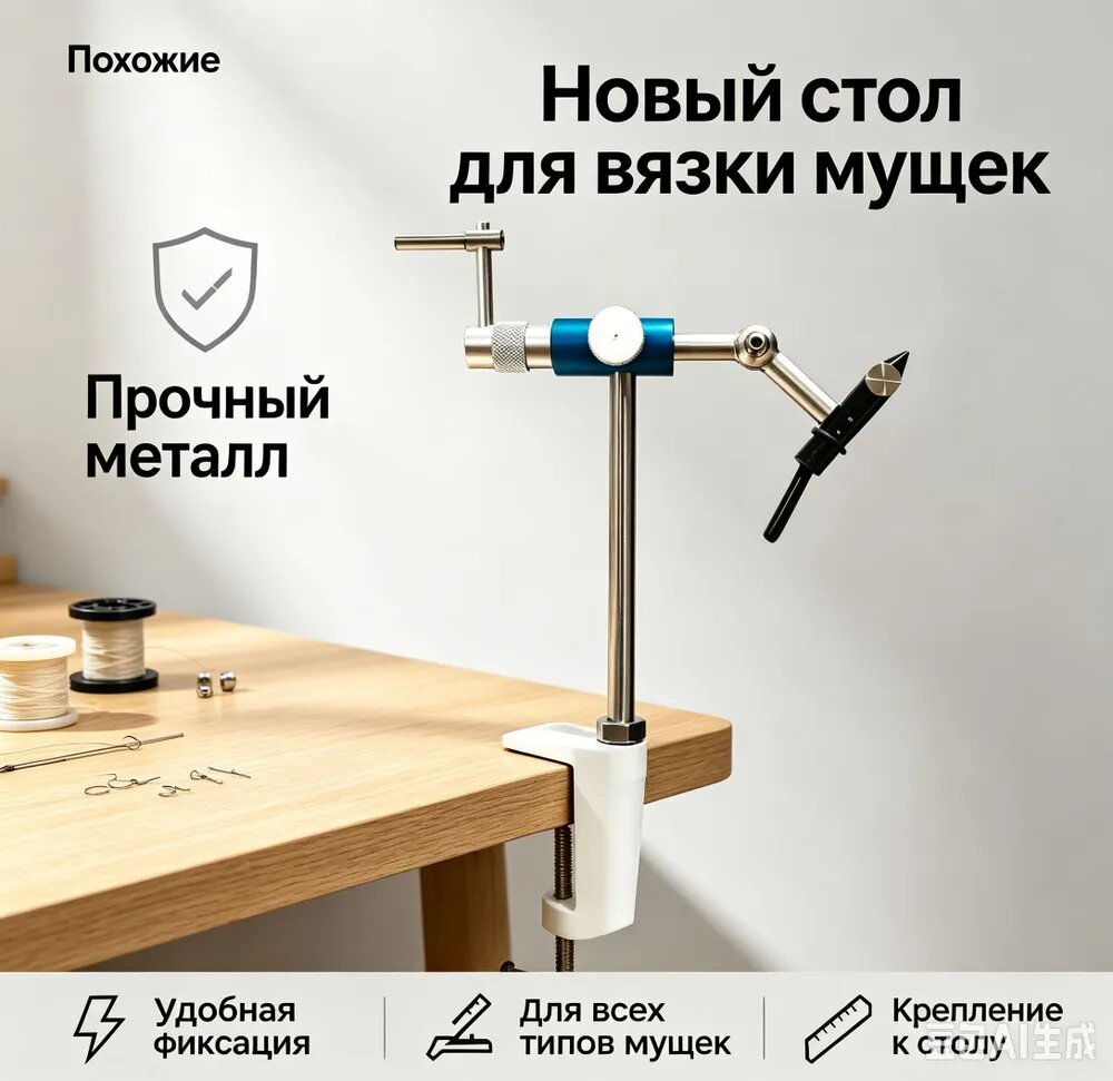 Тиски металлические поворотные с зажимом на стол для вязки мушек и блёсен, серебристые