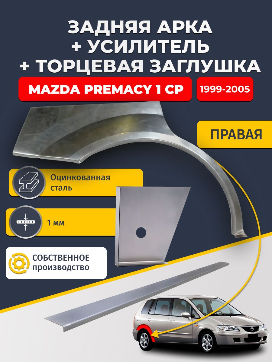 Правая ремонтная задняя арка (0,8 мм) + торцевая заглушка (1 мм) + усилитель (1 мм) на Mazda Premacy 1 CP 1999-2005 (Мазда Премаси). Оцинкованная сталь 1 мм