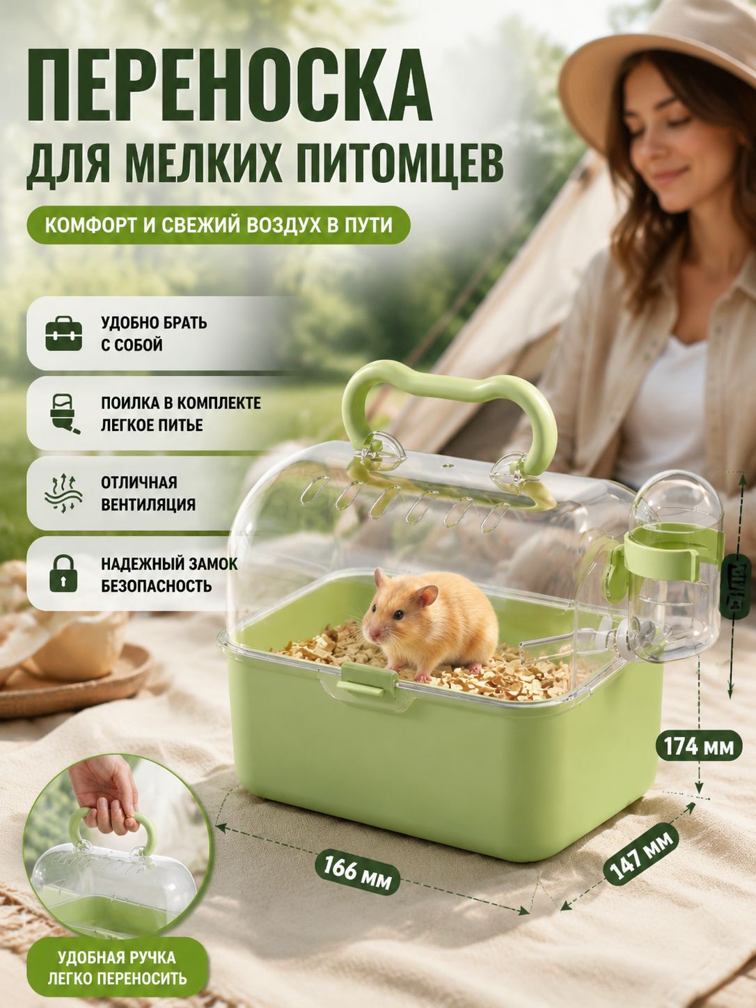 Переноска-клетка для хомяка и мелких грызунов с ручкой, поилкой и прозрачным верхом
