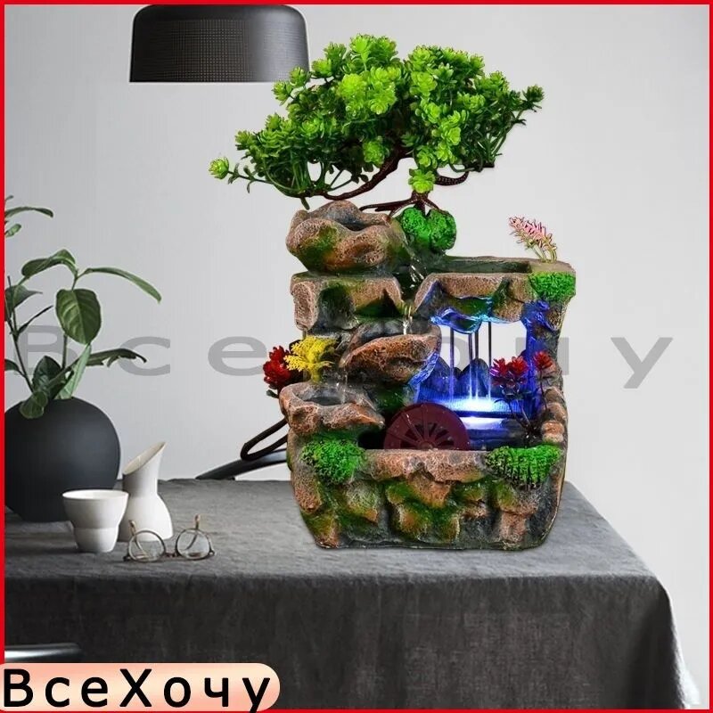 Фонтан для дома из смолы, бирюзовый, настольный, с подсветкой и фигуркой мельницы, Китай — фото 1