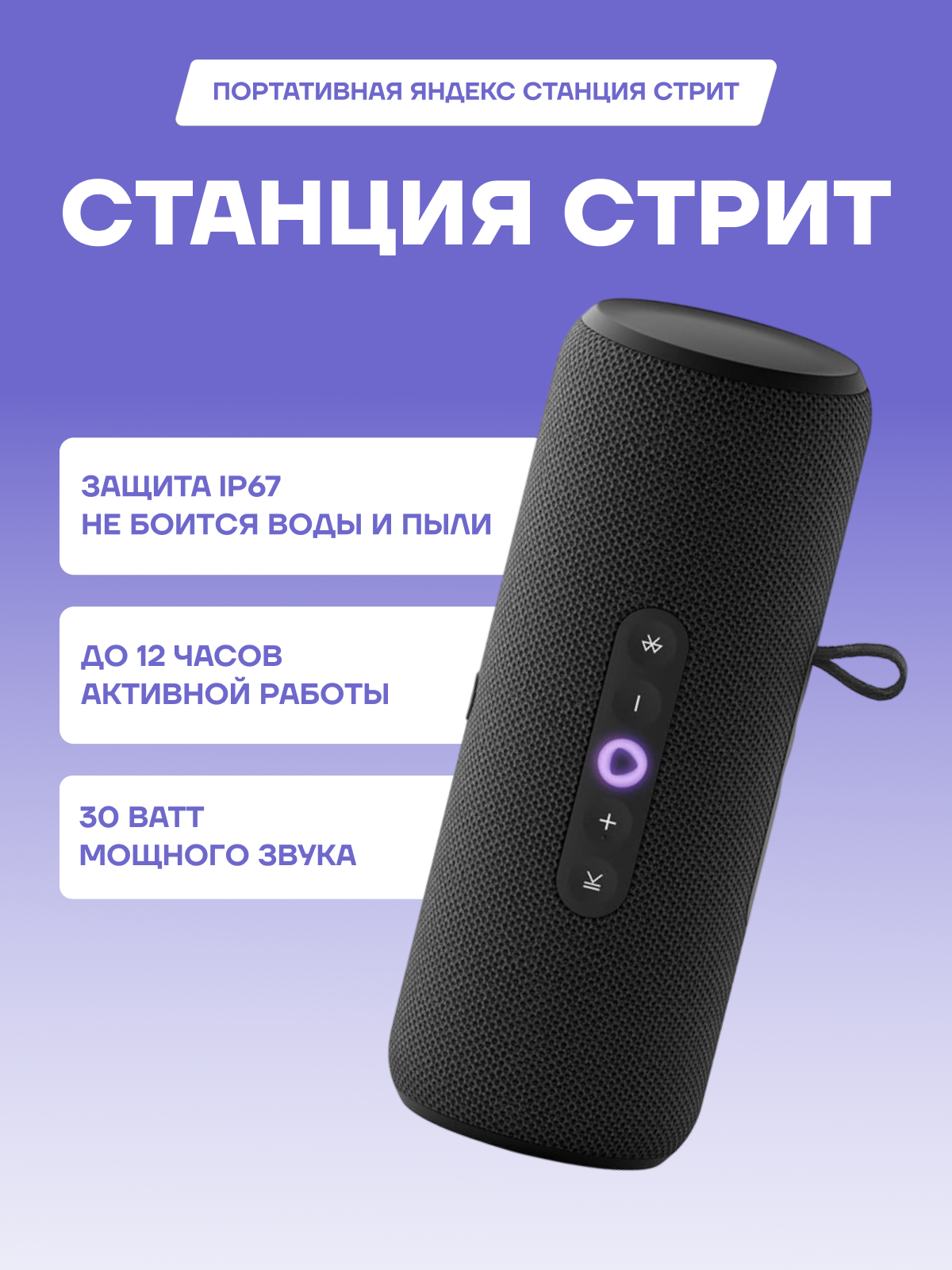 Умная портативная колонка Яндекс Станция Стрит с Алисой на YaGPT, черный, 30Вт, (YNDX-00030BLK)