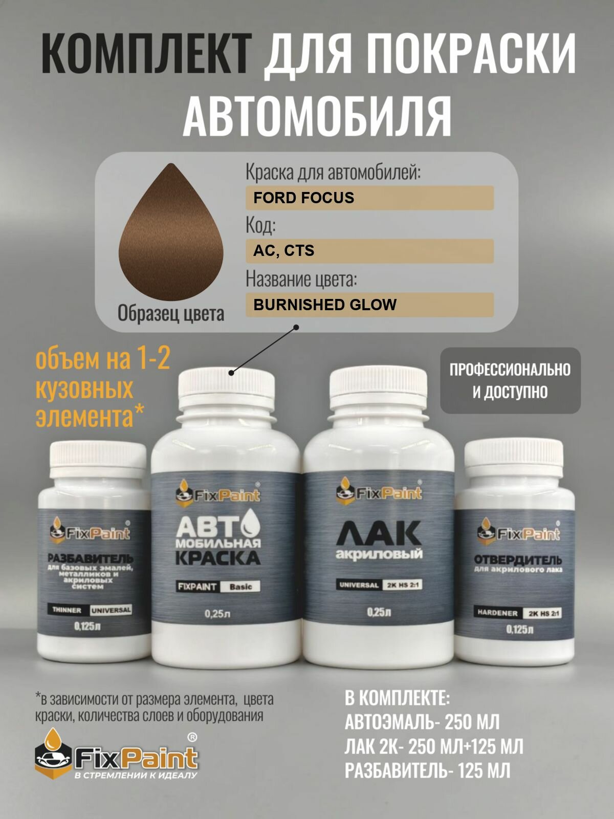 Комплект для покраски FORD FOCUS, код AC, CTS, BURNISHED GLOW, базовая автомобильная эмаль 250 мл, лак 2K 250 мл с отвердителем, разбавитель 125 мл, FixPaint Pro