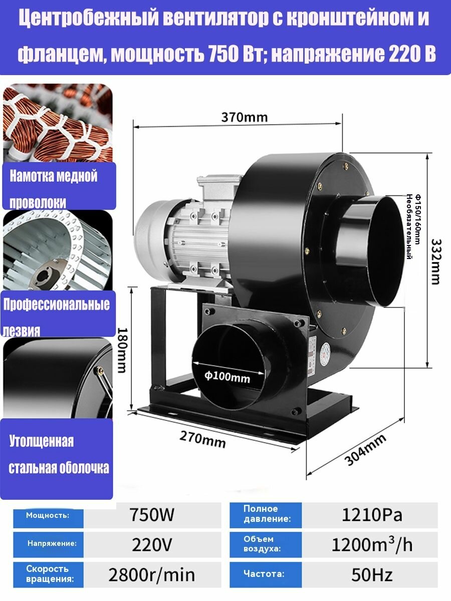 Центробежный вентилятор DF-5 220В/380В оцинкованный корпус 850 м /ч 1020 Па низкий шум 76 дБ термостойкий 150