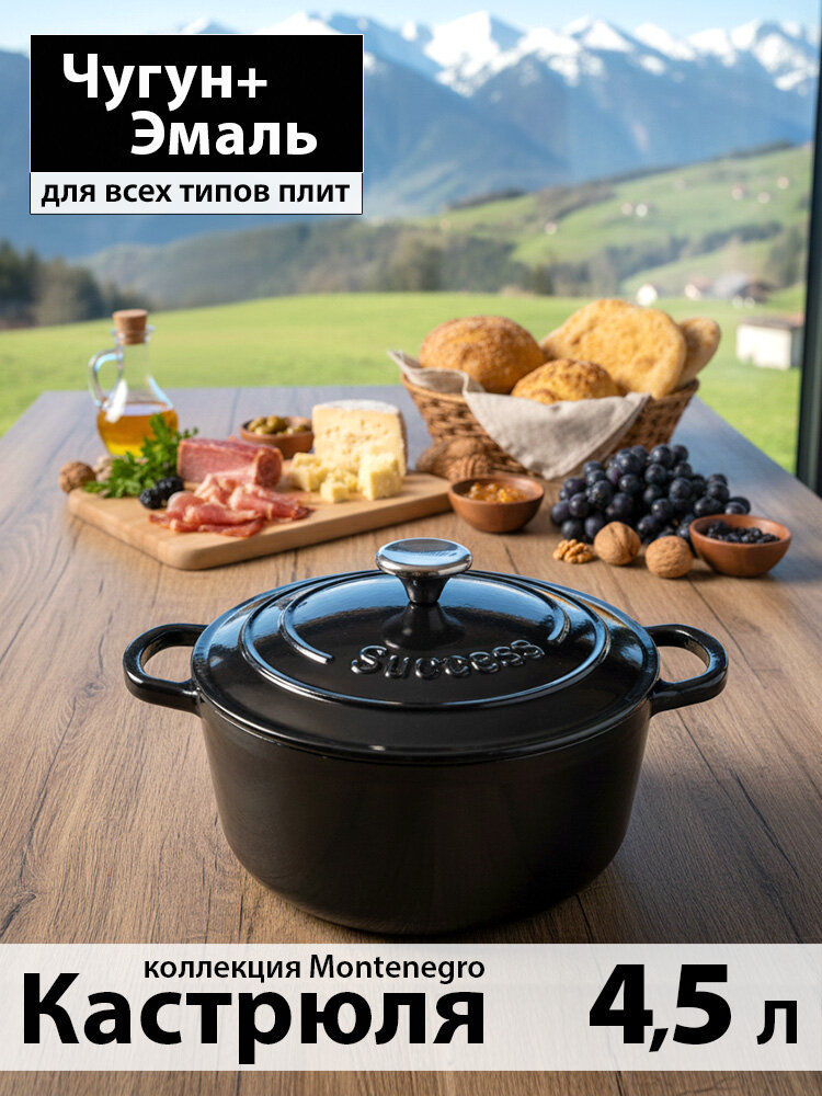 Success HOME Кастрюля чугунная эмалированная, 24 см, 4.5 л, Montenegro, Черный глянец