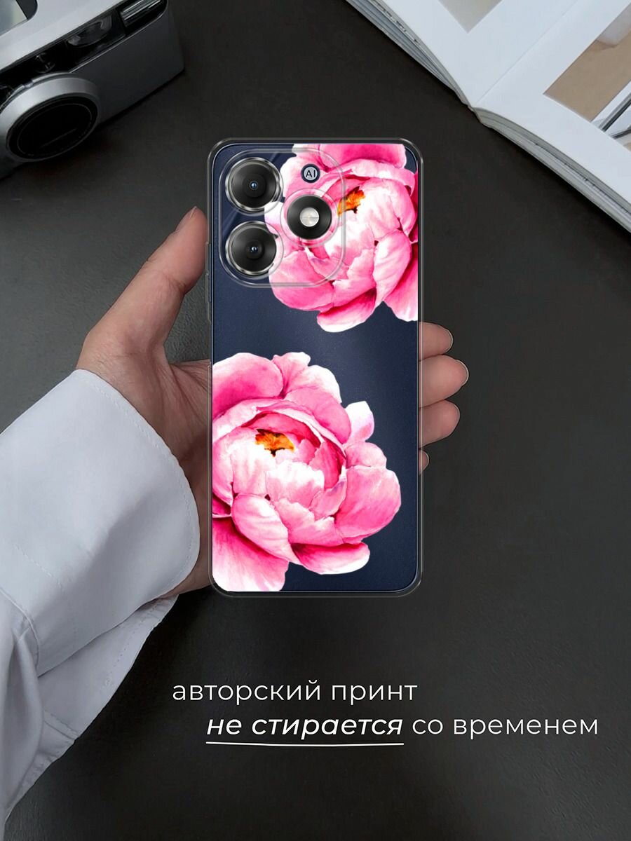 Чехол на Itel A70 / Ител А70 с принтом "Open peonies", прозрачный — фото 1